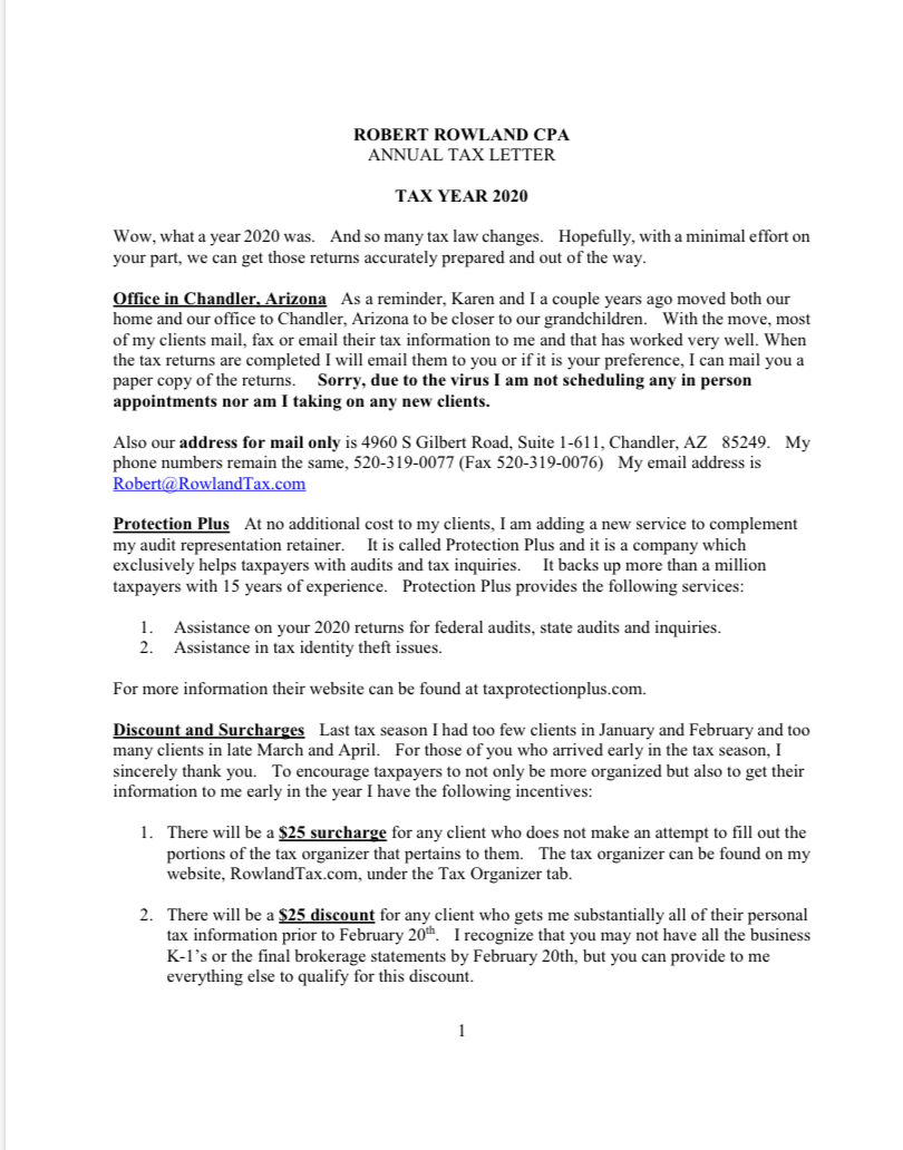 Robert C. Rowland, CPA : 2020 Tax Letter and Tax Organizer